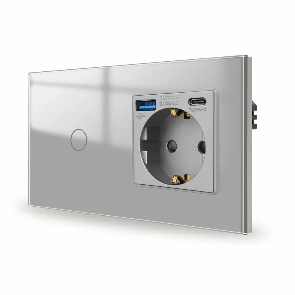Розетка электрическая с 1 клавиша сенсорный Выключатель и USB Type-C, серый рамкой из закаленного стекла,2 поста