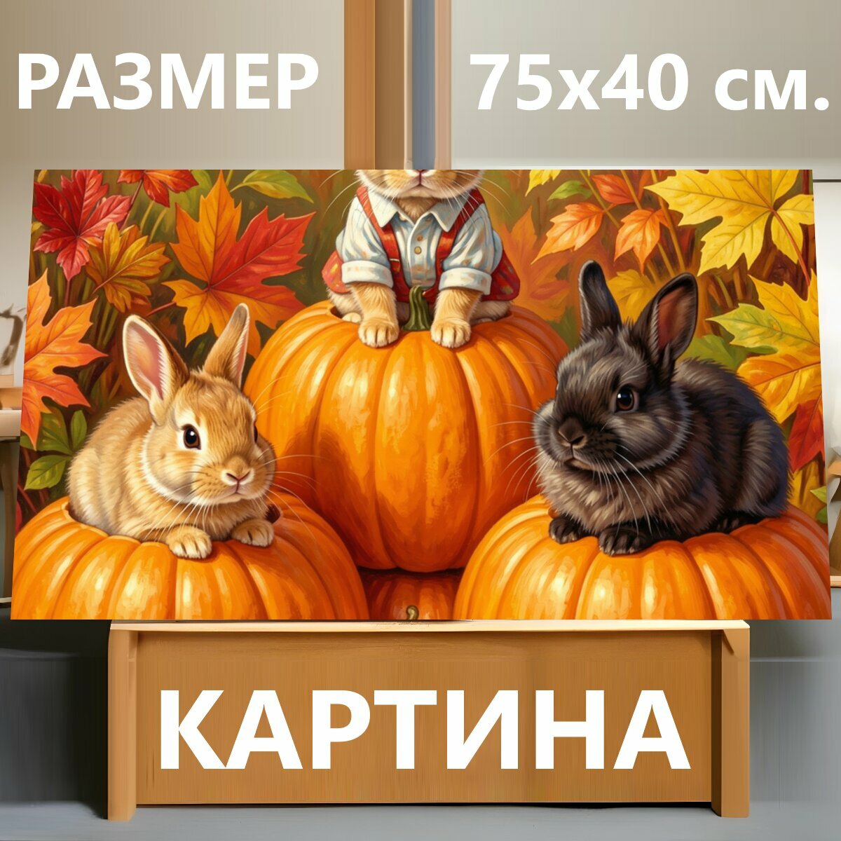 Картина на холсте "Осенние кролики среди тыкв. Тёплая сказочная иллюстрация с пушистыми зайцами на крупных тыквах, окружённых яркой листвой." на подрамнике 75х40 см. для интерьера