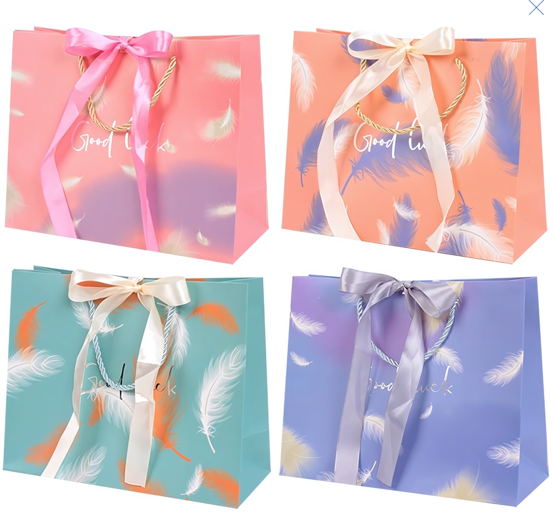 Пакет подарочный 24,5х19,5х9,5 см, "Перья", с лентой, разноцветный принт, Darvish