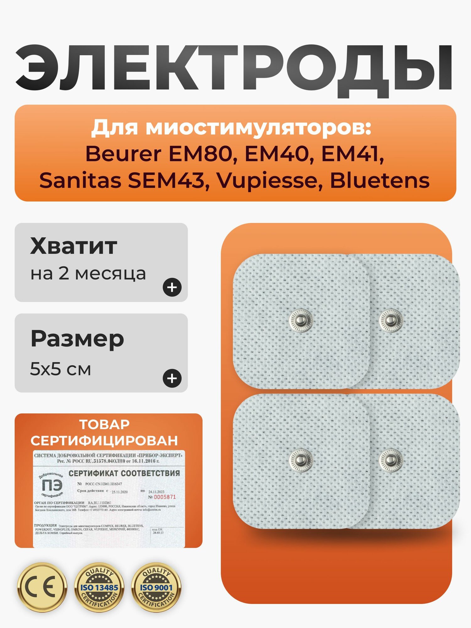 Электроды для миостимуляторов, для моделей Beurer, Bluetens, Vupiesse, Sanitas, 5х5см, 4шт.