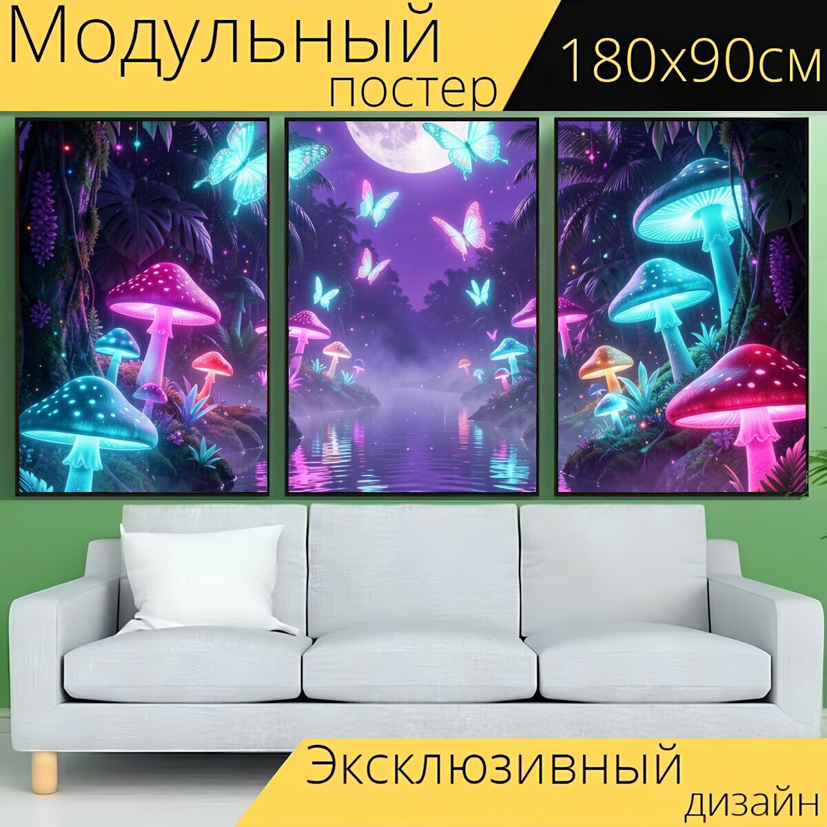 Модульный постер "Лунный сказочный лес с неоном. Волшебная ночная сцена с светящимися бабочками, неоновыми грибами, тропической." 180 x 90 см. для интерьера на стену в тубусе