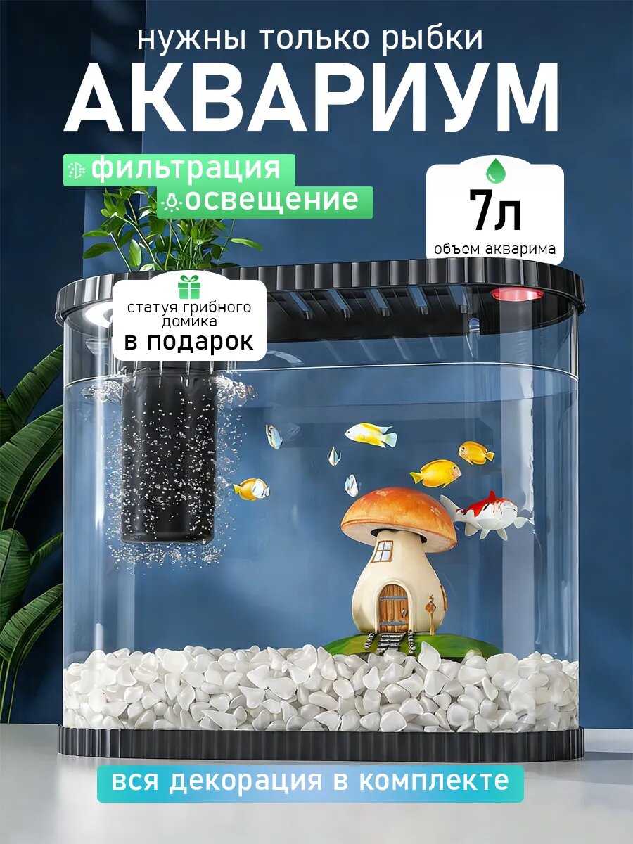 Мини аквариум для рыбок с подсветкой и фильтром 7 л.
