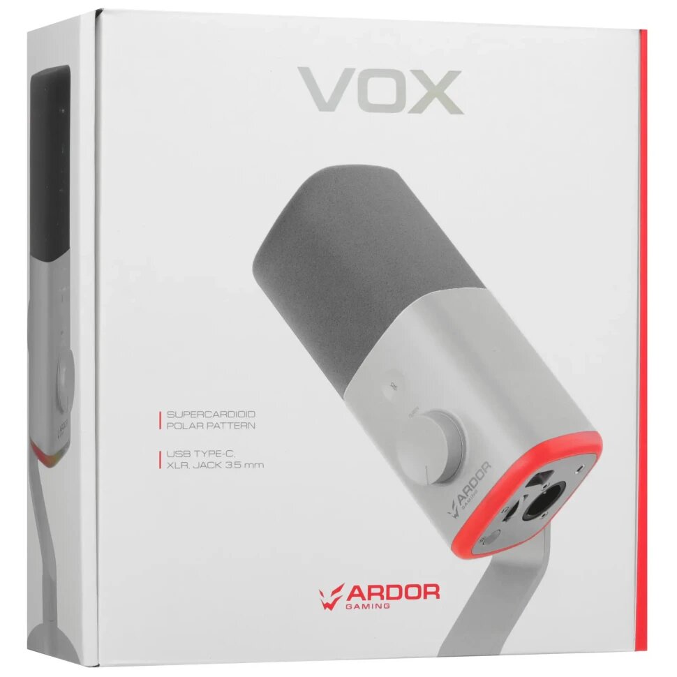 Микрофон Ardor Gaming Vox белый, настольный, суперкардиоидный