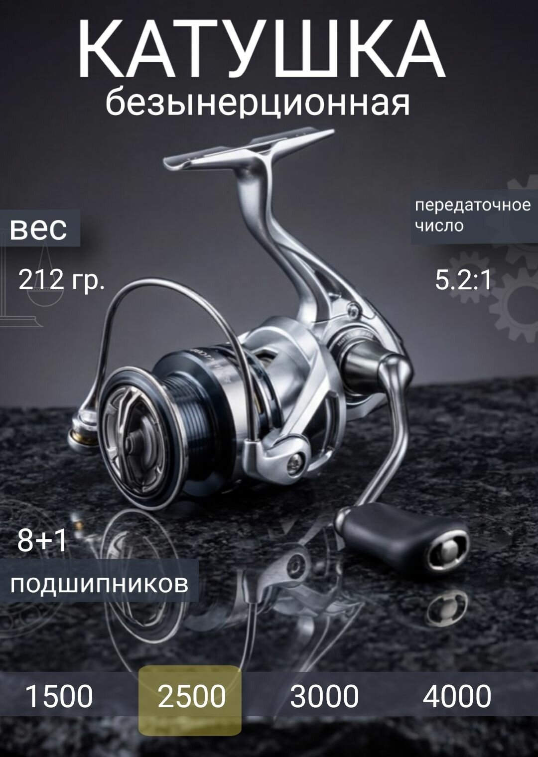 Катушка рыболовная безынерционная SHIMAND PGC 2500 для спиннинга, ультралайта, твичинга, джиггинга.