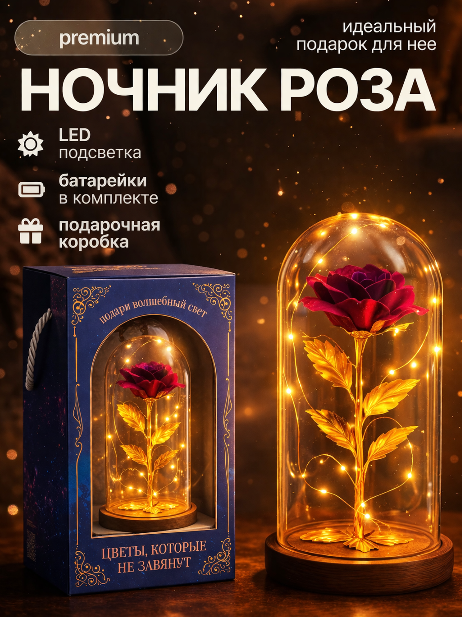 Ночник, роза в колбе, настольный светильник, на батарейках, беспроводной, беспроводной, цветы в колбе, ночник детский