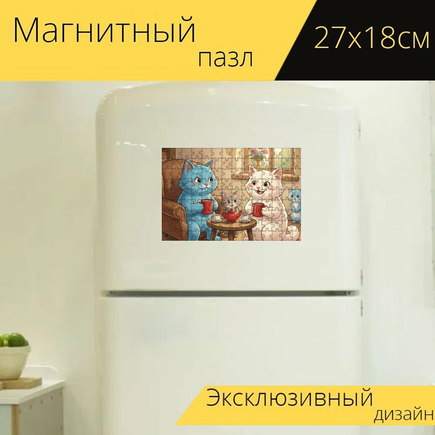 Магнитный пазл "Коты за чаепитием у окна. Милые пушистые питомцы в уютной гостиной с самоваром, чашками и цветами на подоконнике. Тёплая пастельная." на холодильник 27 x 18 см.