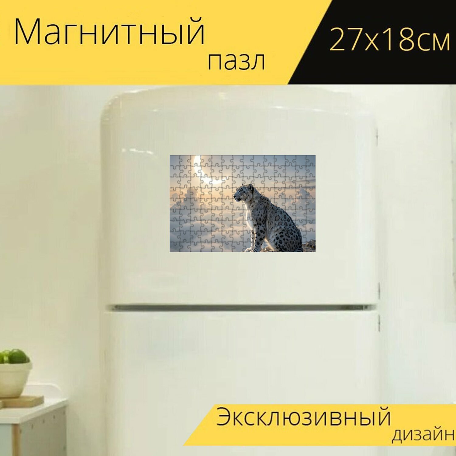 Магнитный пазл "Белый леопард на скале. Фантазийная сцена с грациозным хищником на каменном выступе над облаками, мягкий рассветный свет, сияющий серп." на холодильник 27 x 18 см.