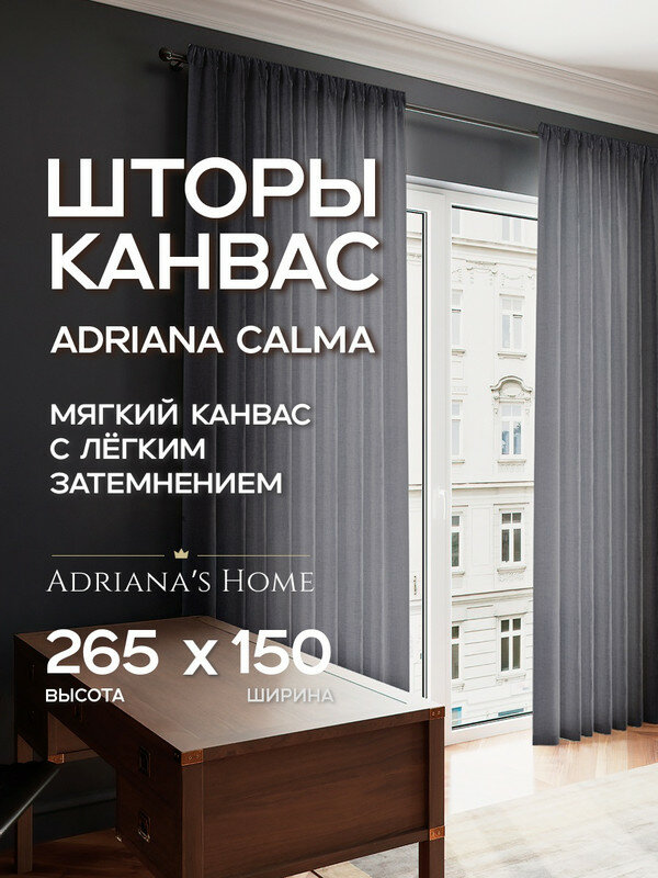 Шторы Adriana Calma, канвас, графит, комплект из 2 штор, высота 265 см, ширина 150 см, лента