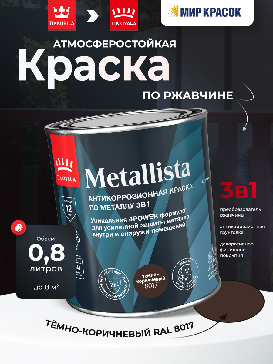 TIKKURILA METALLISTA краска по ржавчине 3 в 1 глянцевая, коричневый (0,8л)