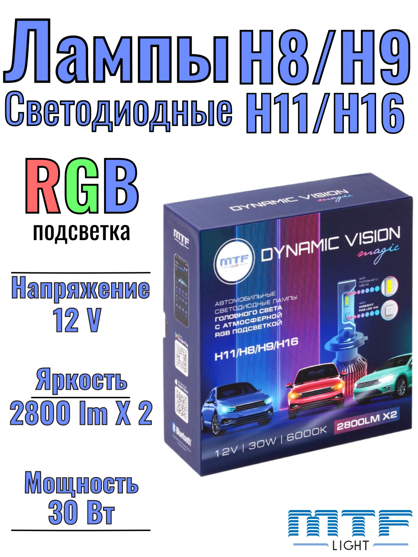 Светодиодные лампы, для головного света, RGB подсветка, H8/H9/H11/H16