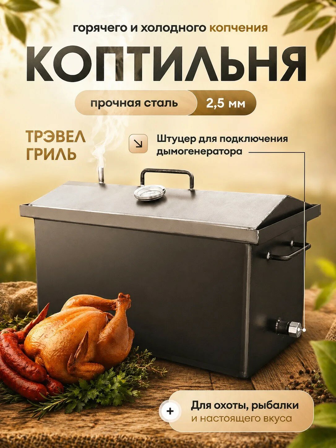 Коптильня горячего и холодного копчения 2,5 мм с термометром и шлангом 24 л трэвел гриль