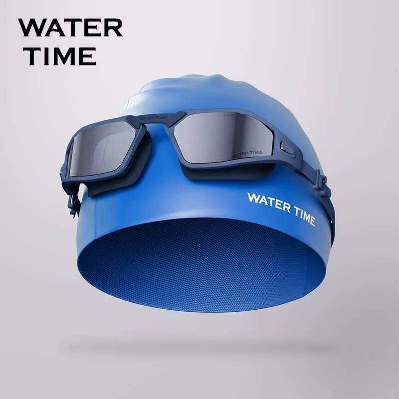 WaterTime плавательные очки с анти-туманной HD линзой, водонепроницаемые, без коррекции, синяя шапка