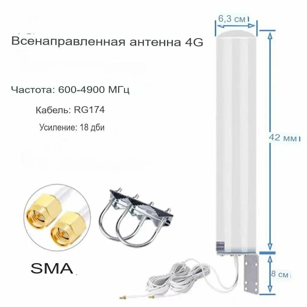 Внешняя антенна 4G/5G 600-3800 МГц18dBi, всенаправленная, IP67, 5м кабель, для усиления сигнала интернета Крепежные элементы антенны