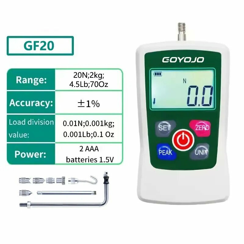 Цифровой динамометр GF20 с подсветкой, 20Н/2кг/4.5lb/700oz, точность1%, 3 режима, для растяжения и сжатия, контроль качества и испытания материалов