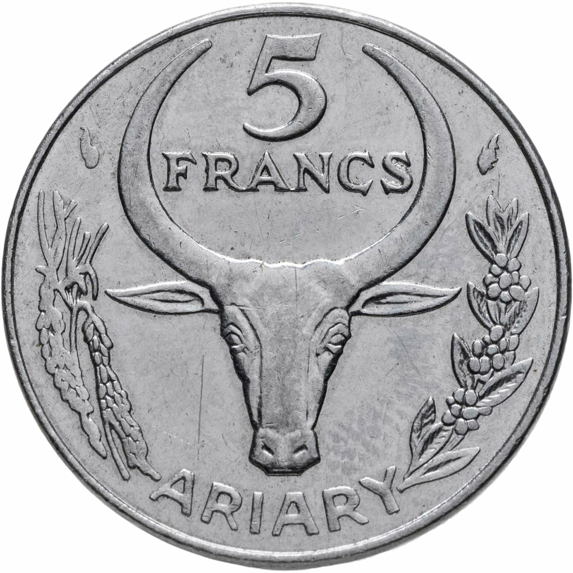Мадагаскар 5 франков francs 1966-1989, Сталь, в сохранности XF-AU