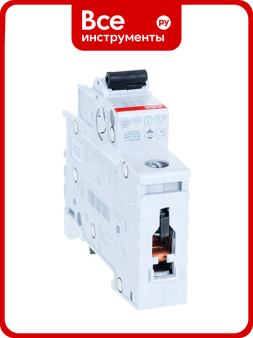 Выключатель ABB S200 тип C, DIN‑рейка, номинальное напряжение 220 В, ток 10 А, отключающая способность 6 кА