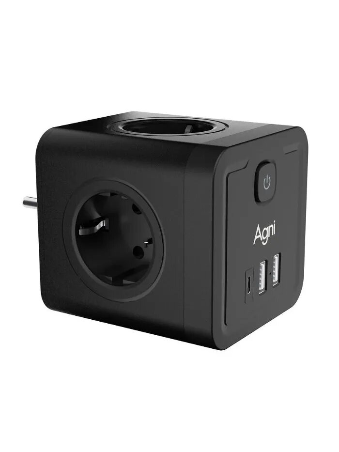 Разветвитель AGNI TP-WJ3U4E-C-black 4 розетки, 16А, 4000Вт, 220-250В, 2*USB, Type-C, черный