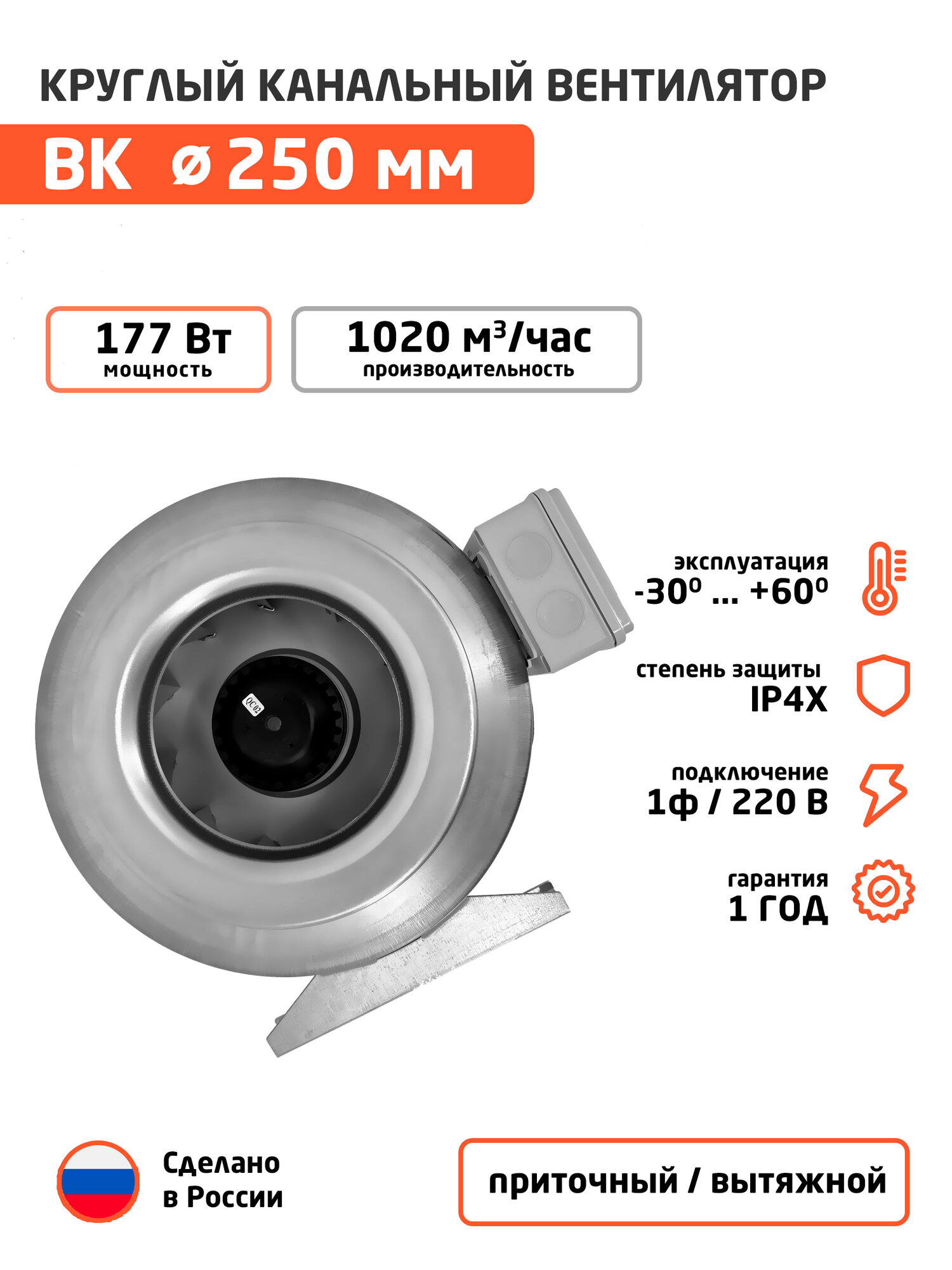 Вентилятор канальный ВК-250 (1ф/220, 177 Вт, 1020 м3/час) для круглых воздуховодов диаметром 250 мм, приточный или вытяжной, центробежный