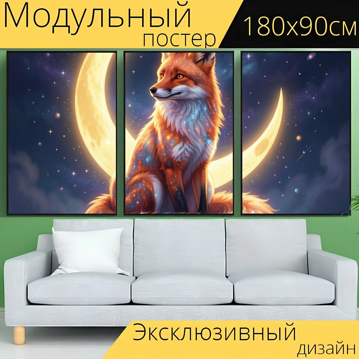 Модульный постер "Лис в лунном свете. Фантазийный зверь с огненно-рыжей шерстью сидит среди звездного неба и сияющего серпа луны." 180 x 90 см. для интерьера на стену в тубусе