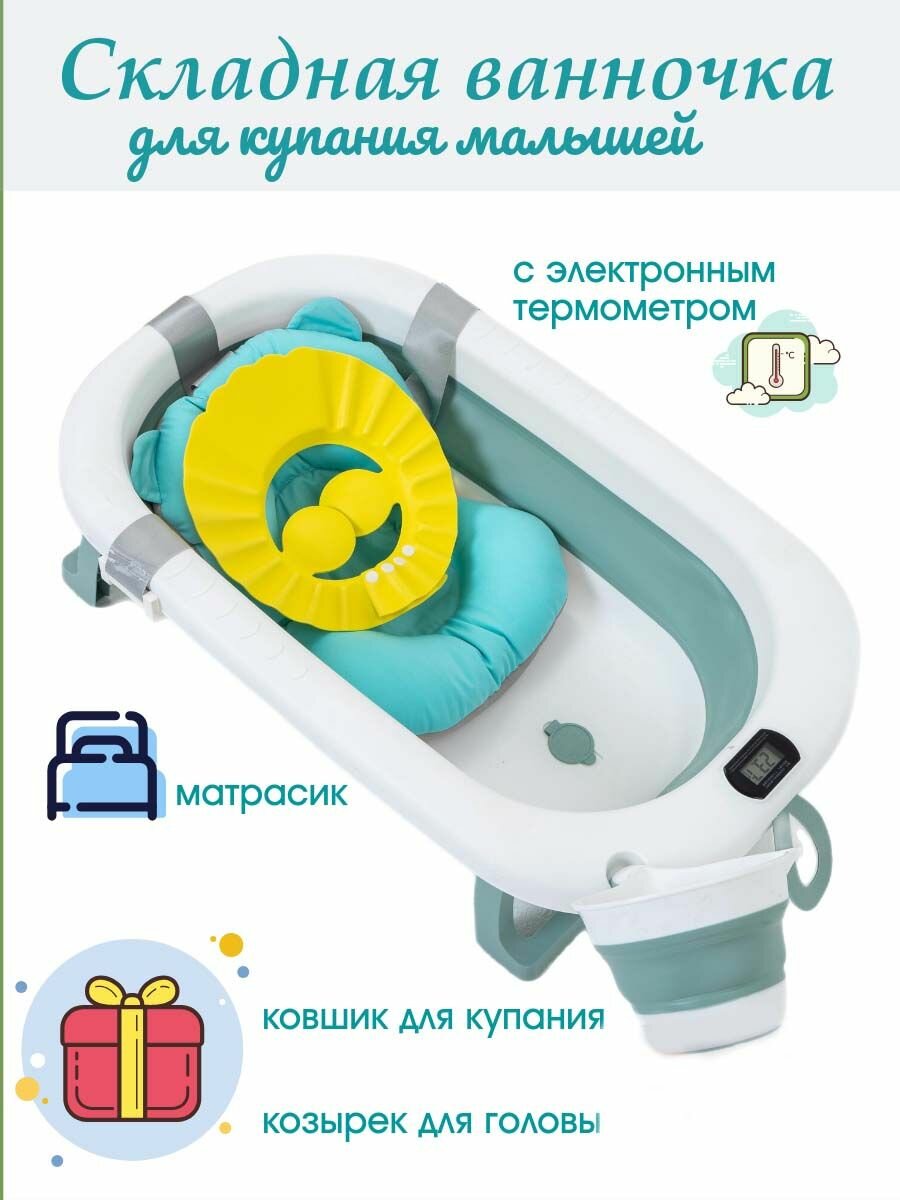 Ванночка для купания новорожденных складная с термометром
