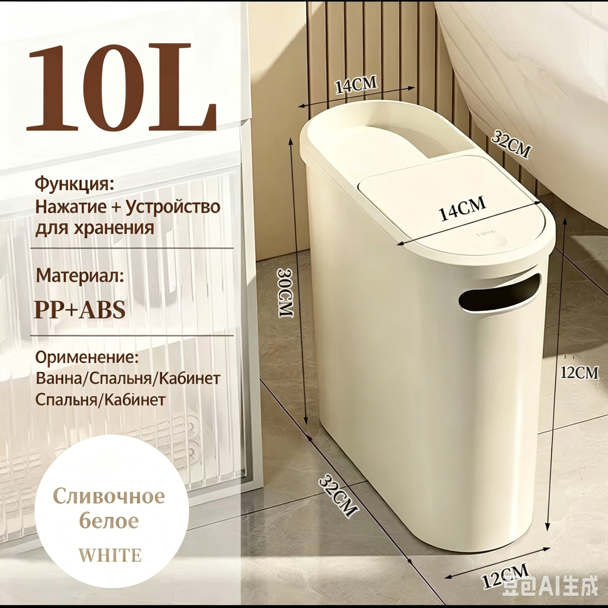 Мусорный бак прямоугольный 10 л с крышкой, нажатие, 33x33x33 см, пластик, 1 шт
