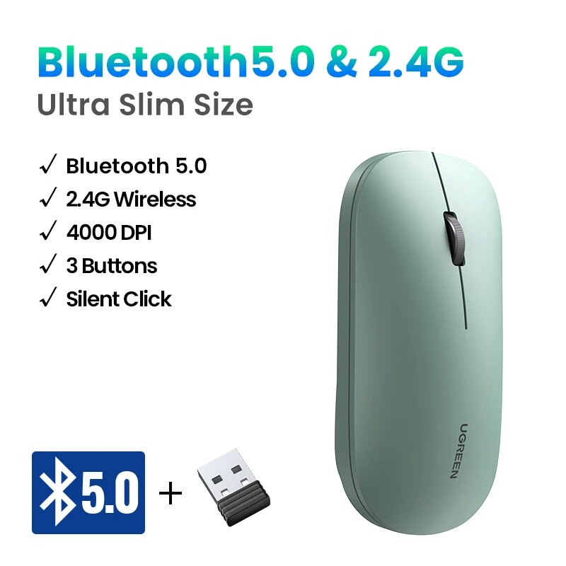 UGREEN Мышь Bluetooth 5.0, 4000 DPI, Slim Green