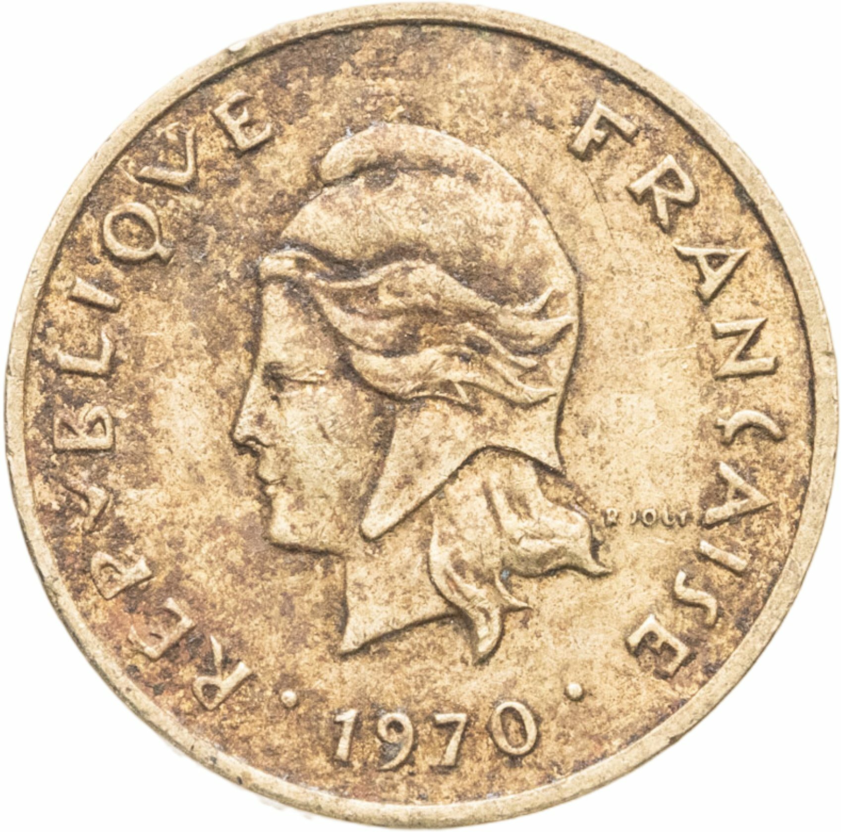 Новые Гебриды 1 франк franc 1970, Латунь, в сохранности VF-XF