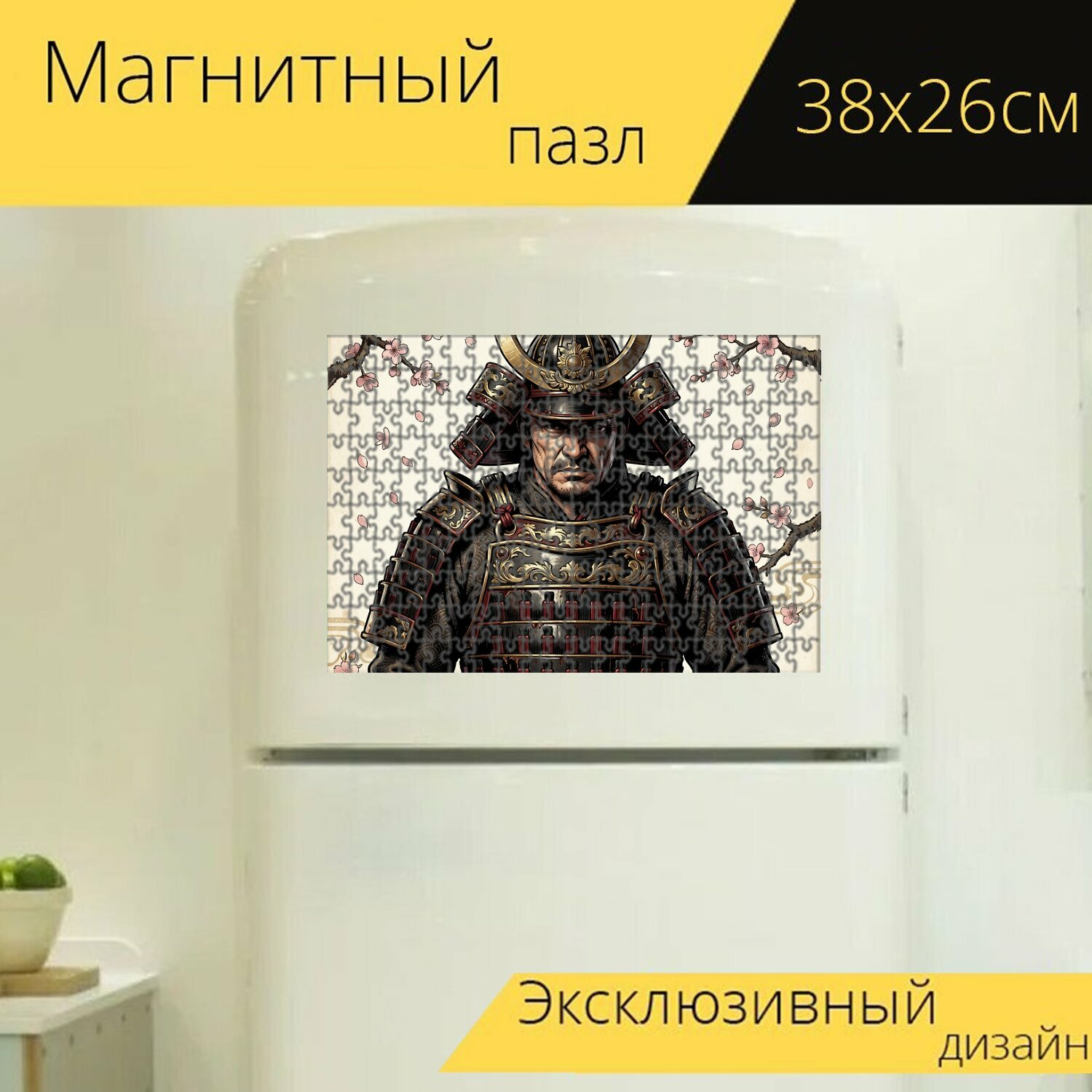 Магнитный пазл "Самурай в доспехах с сакурой. Строгий воин эпохи феодальной Японии в богато украшенных латах и шлеме кабуто, на светлом фоне с ветвями." для интерьера, 38х26 см.