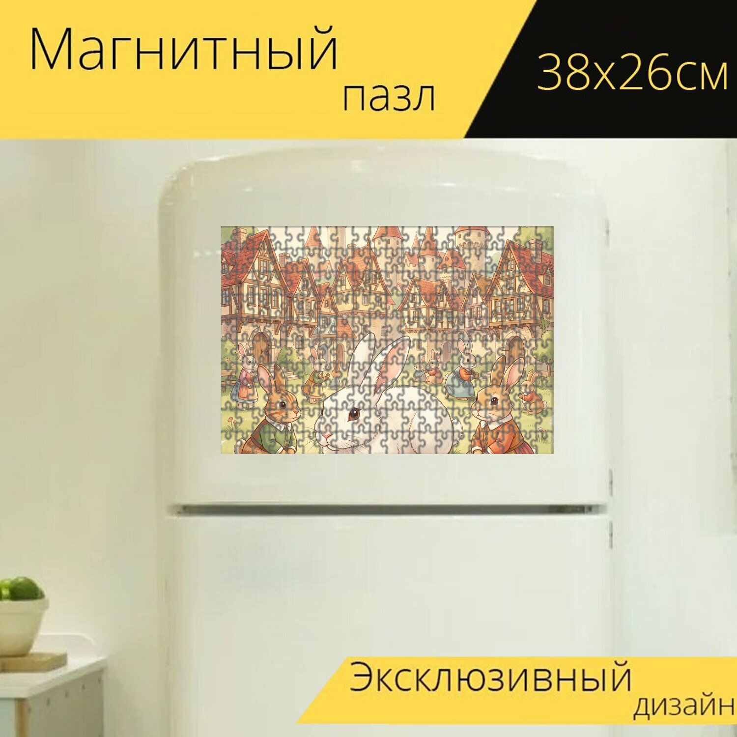 Магнитный пазл "Сказочный город с кроликами. Уютная иллюстрация в пастельных тонах: милые зайцы на зеленой лужайке среди фахверковых домов и башен." для интерьера, 38х26 см.