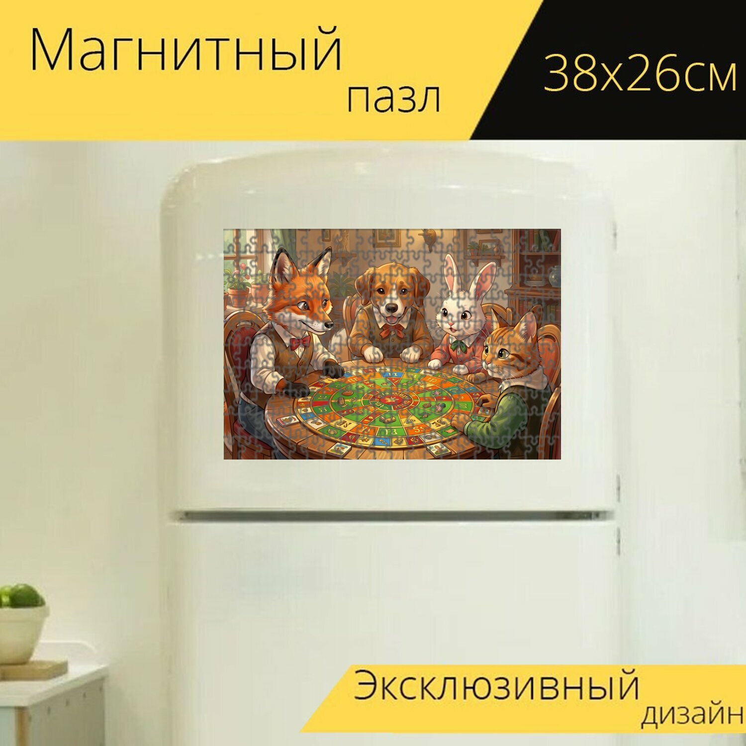 Магнитный пазл "Лесные звери за игрой. Уютная иллюстрация: лиса, пес, кролик и кот в теплой гостиной с настольным кругом, мягким светом, книжными полками и." для интерьера, 38х26 см.
