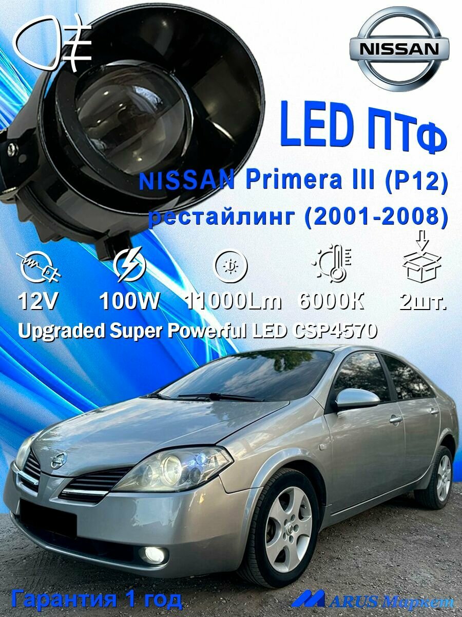 Фары противотуманные NISSAN Primera III рестайлинг (P12) (2001-2008) - светодиодные ПТФ линзы 100W, 6000K