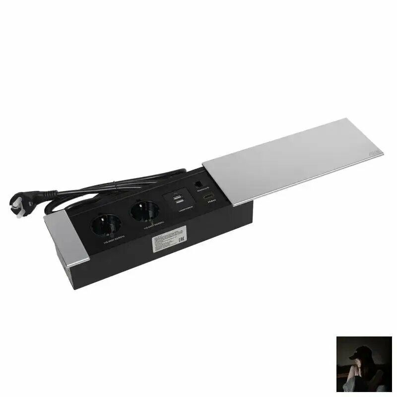 Встраиваемая выдвижная розетка в столешницу для кухни 2 розетки сталь 2 USB A, HDMI, LAN