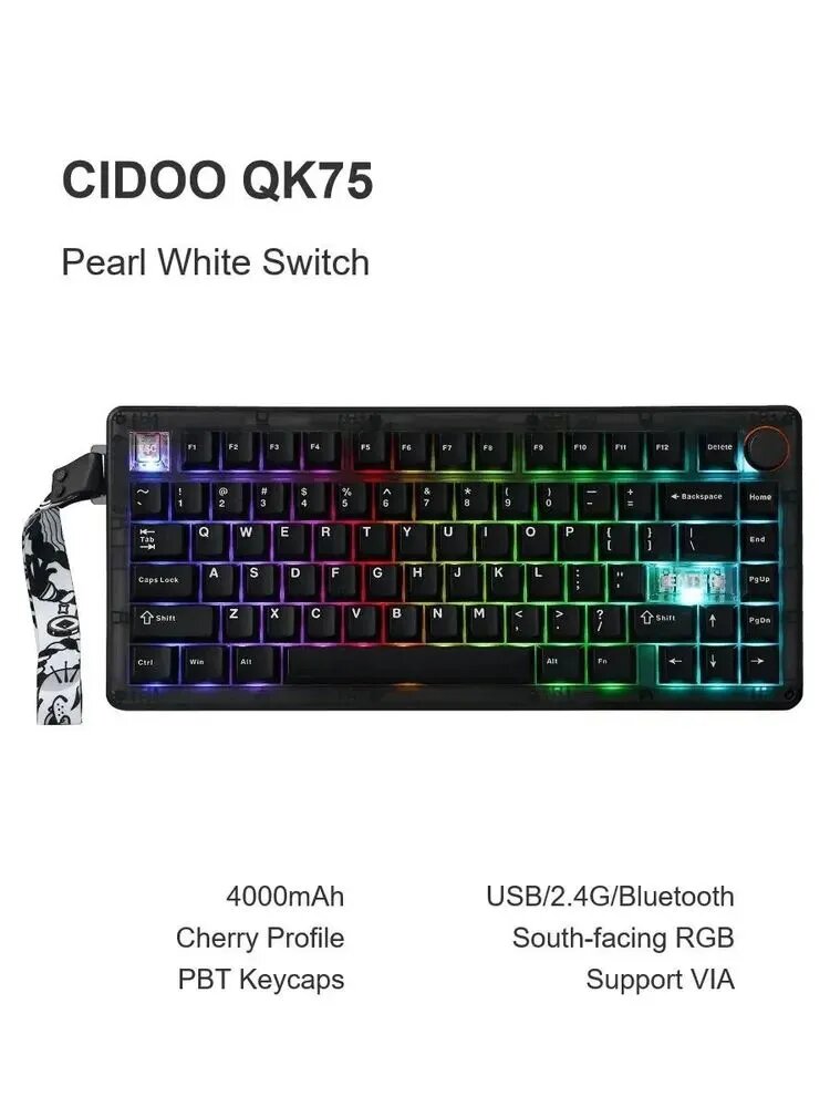Cidoo Игровая клавиатура беспроводная QK61 V2, (CIDOO Pearl White), Русская раскладка, черный матовый