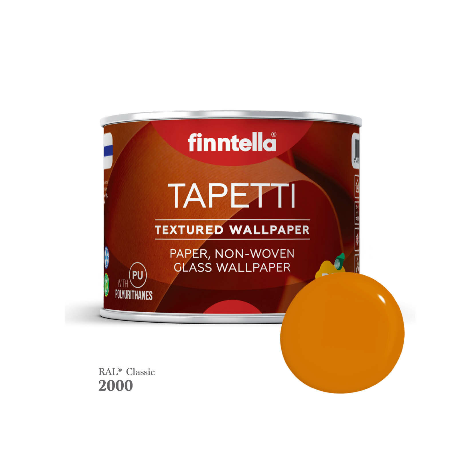 Шелковисто-матовая краска для обоев под окраску TAPETTI SILKKI Matta FINNTELLA, Цвет RAL 2000 Желто-оранжевый (Yellow orange), 0,45л