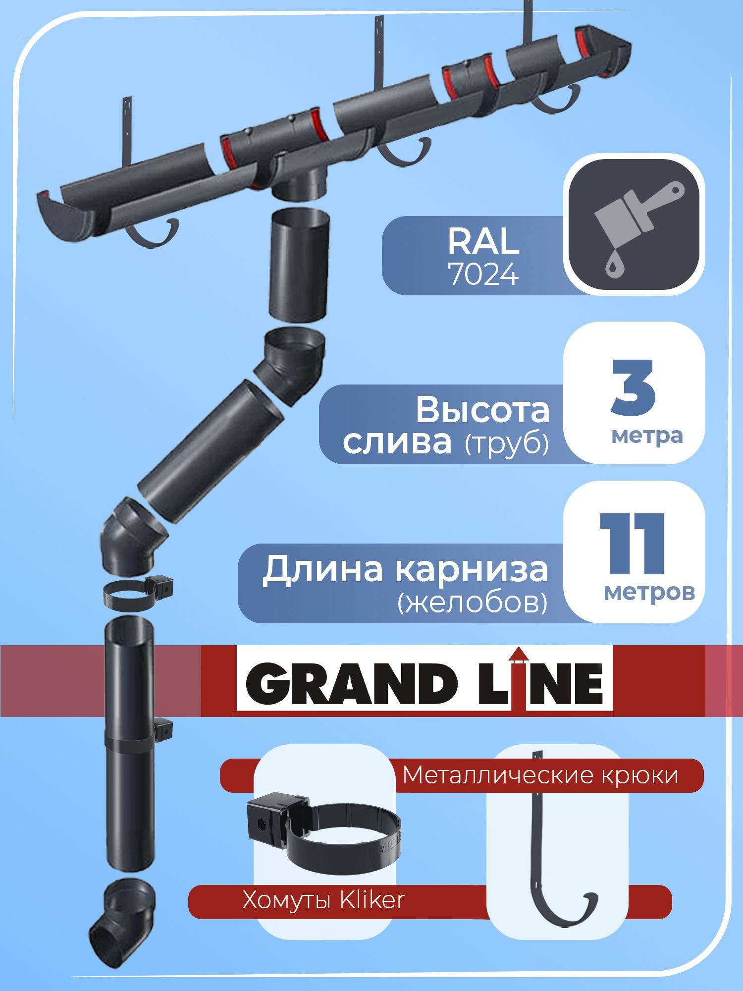 Водосточная система Grand Line 11 м ( 1,5 м+1 м ) хомут кликер, металлические кронштейны графит RAL 7024 1 слив , водосток для крыши пластиковый Гранд Лайн ( 120 мм / 90 мм ) комплект элементов ПВХ