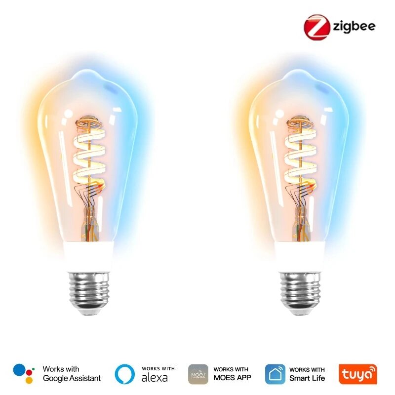 MOES Tuya ZigBee ST64 LED лампа, 2 шт, RGB