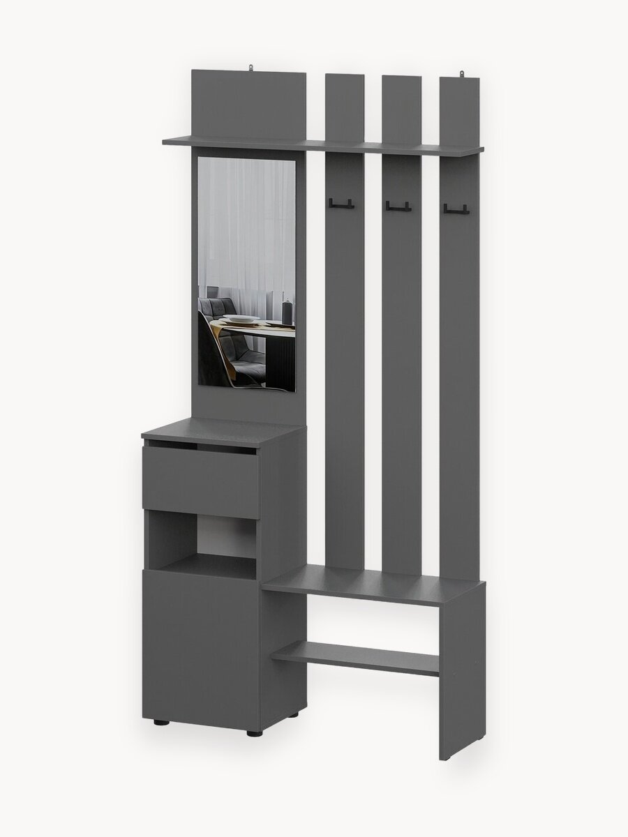 Прихожая SV Мебель Денвер 100×200×35 см, мебель в узкий коридор, вешалка с зеркалом и тумбой для обуви, цвет графит