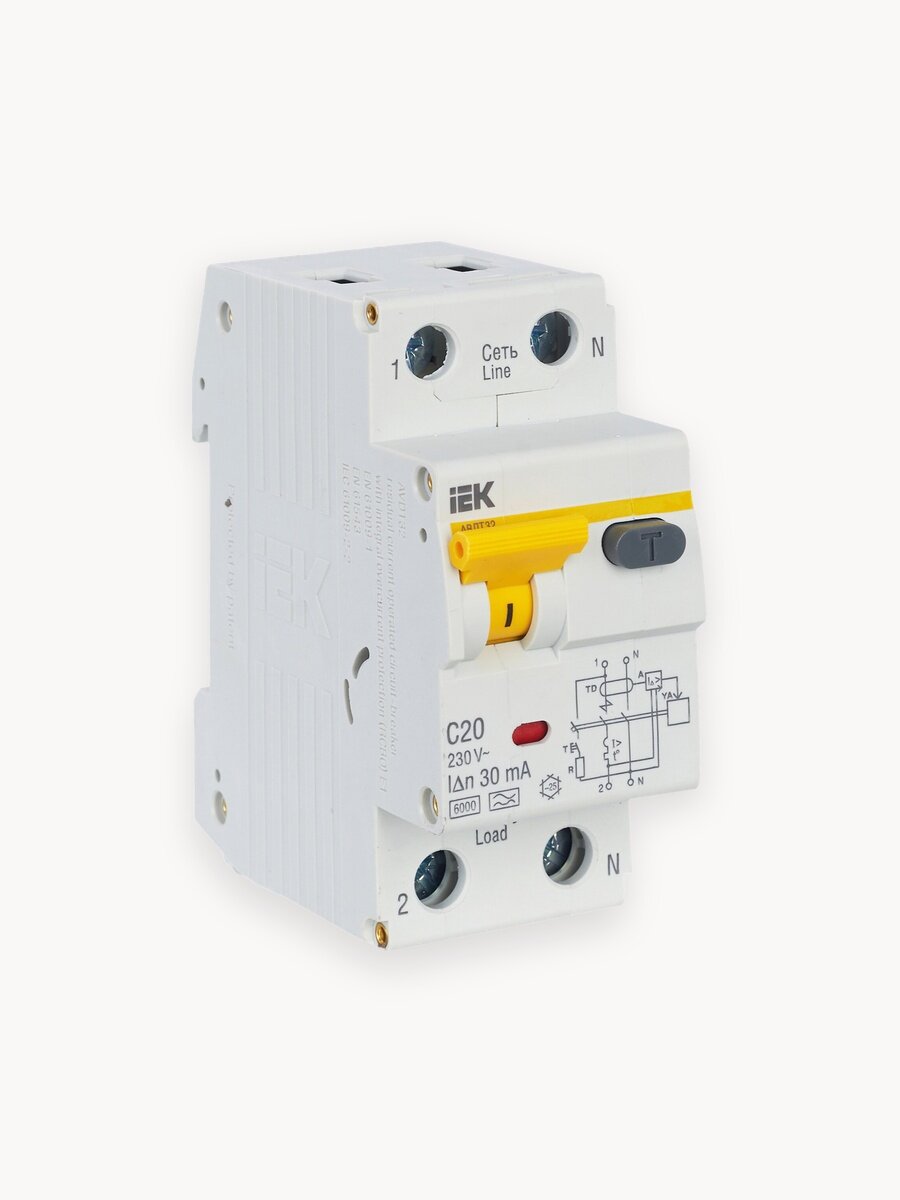 Автоматический выключатель дифференциального тока IEK АВДТ32 C20, 63А, 2 полюса, тип C, IP20