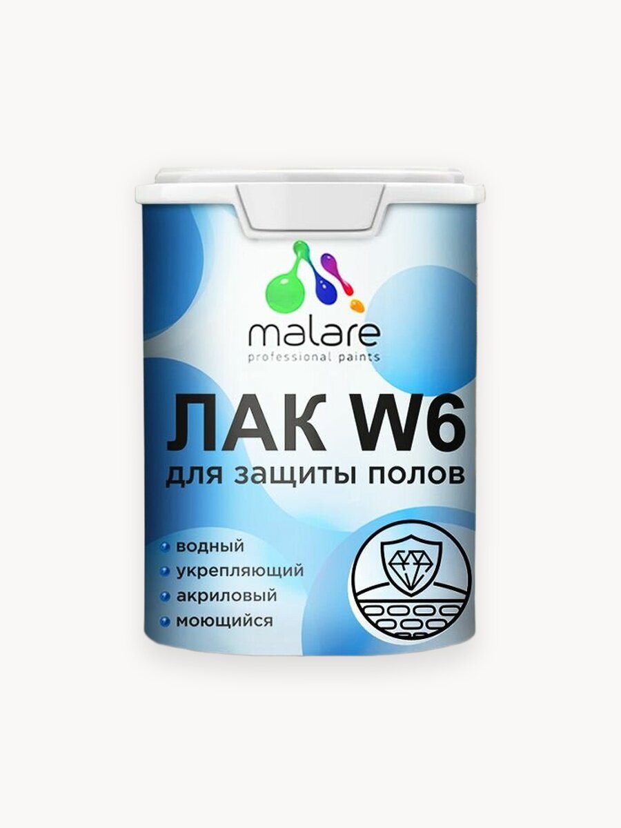 Лак для защиты пола Malare для паркета и ламината, для мебели, для дерева и минеральных поверхностей, водный без запаха быстросохнущий, прозрачный полуглянцевый, 0.9 кг.