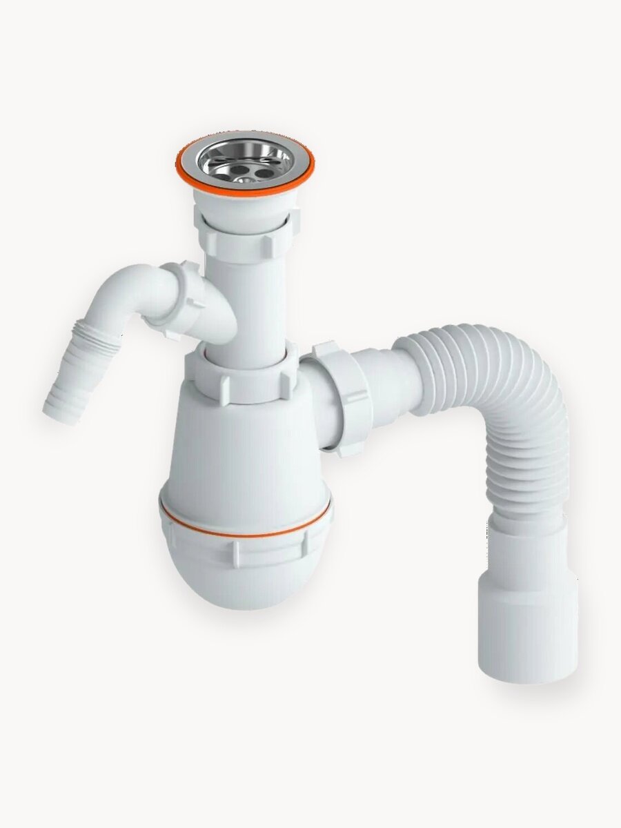 Сифон РМС СМ-03 для мойки, с выходом под стиральную машину пластик, нержавеющая сталь