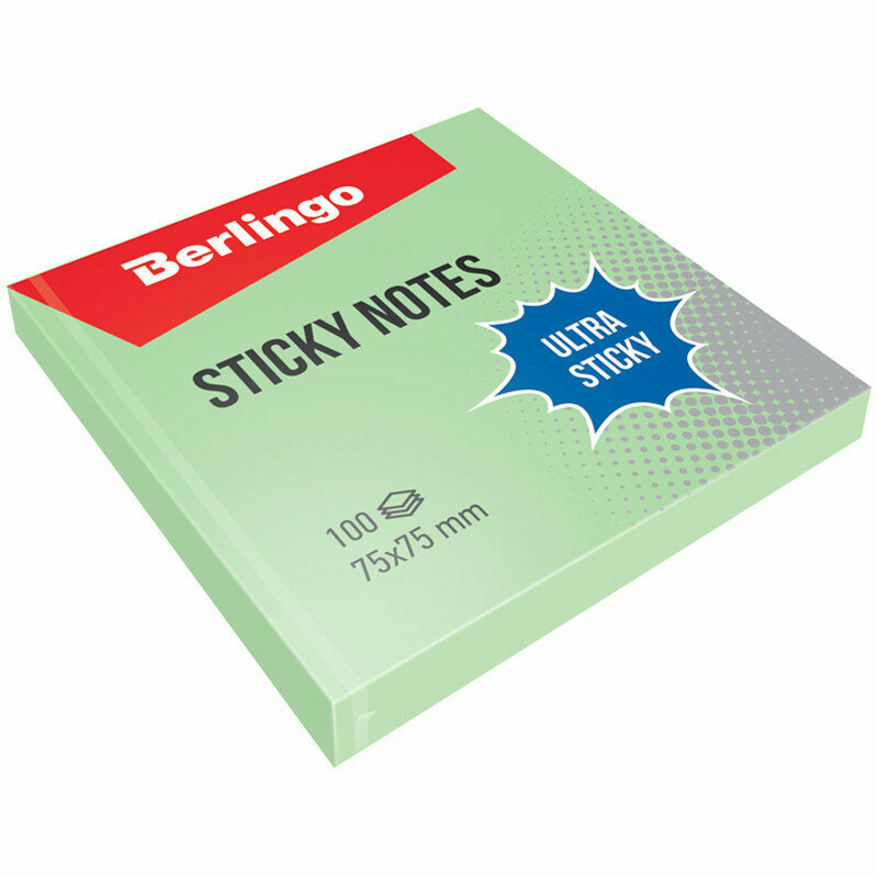 Самоклеящийся блок Berlingo "Ultra Sticky", 75*75мм, 100л, пастель, зеленый, 270293