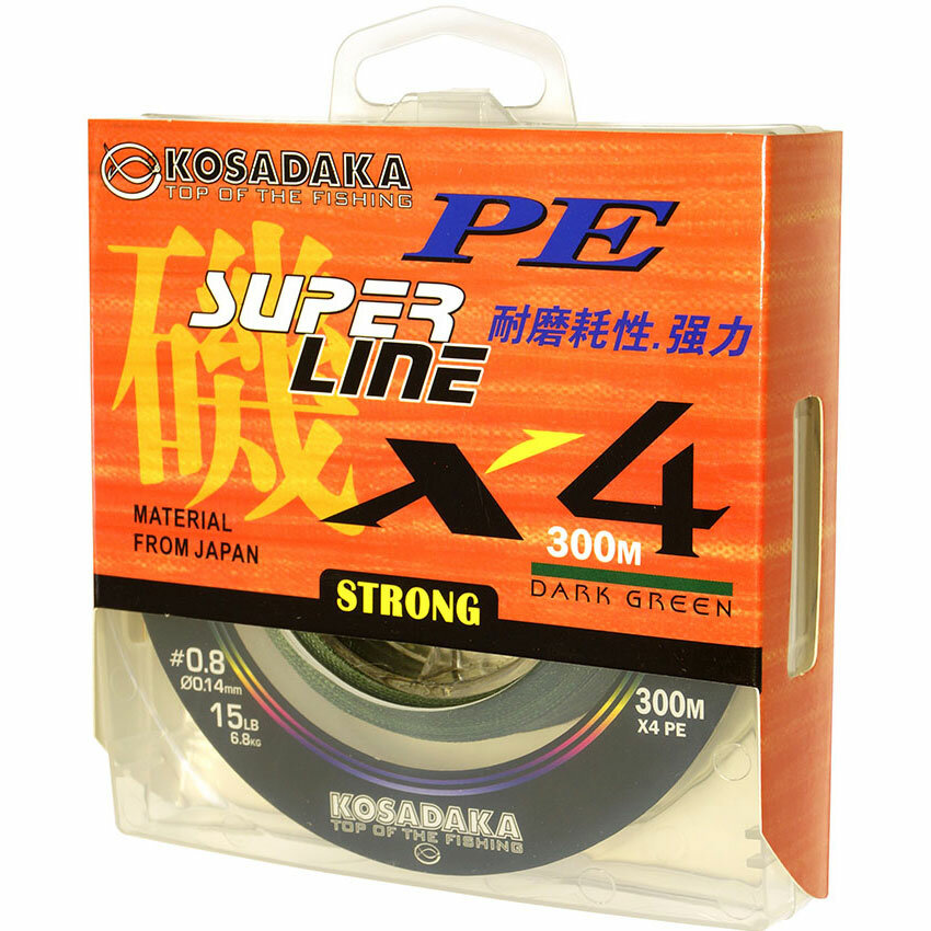 Шнур плетен. Kosadaka "SUPER LINE PE X4" 300м, цв. dark green; 0.14мм; 6.8кг