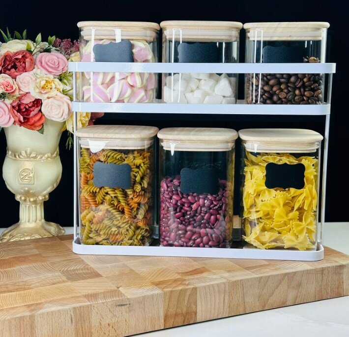 Набор из 6 банок для сыпучих продуктов на метал. подставке 160-243 118-160-243