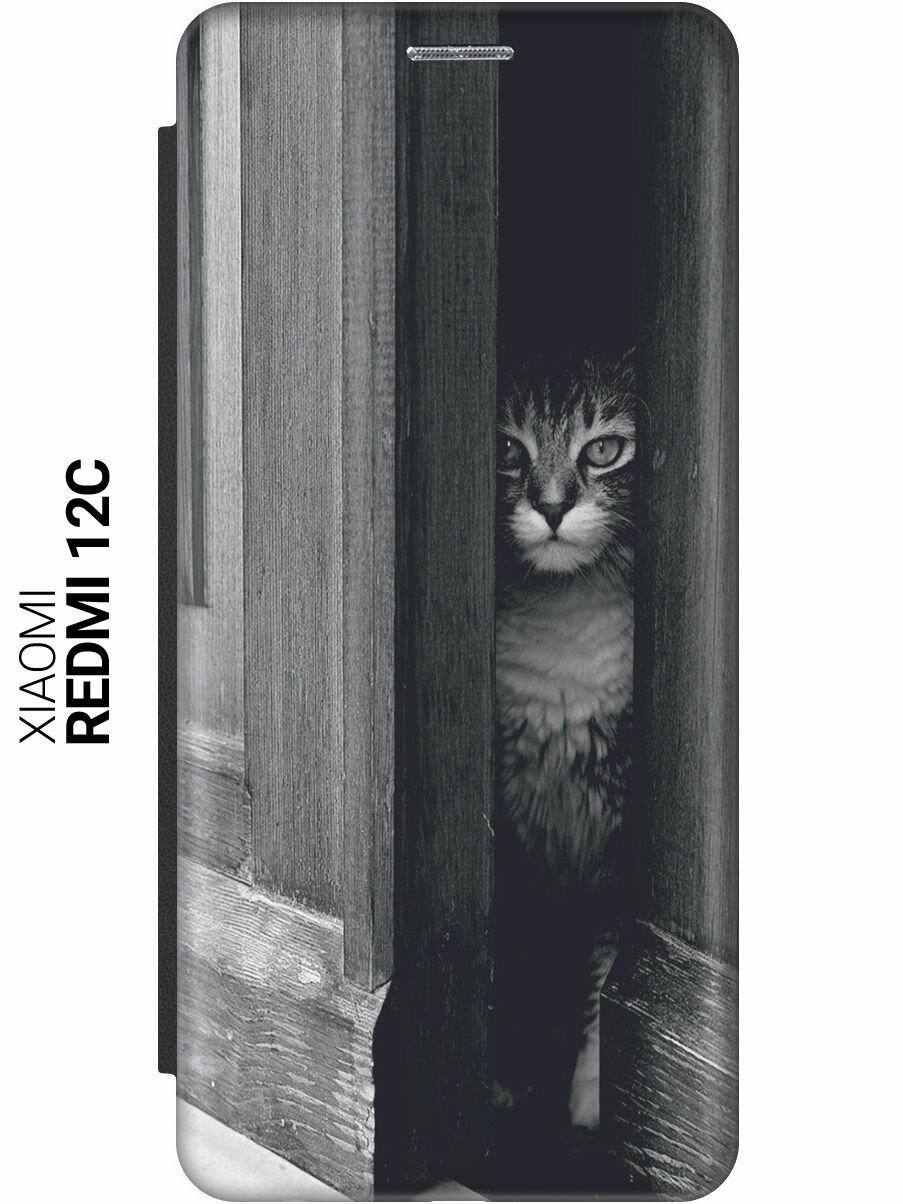 Чехол-книжка на Xiaomi Redmi 12C, Сяоми Редми 12С c принтом "Выглядывающий кот" черный