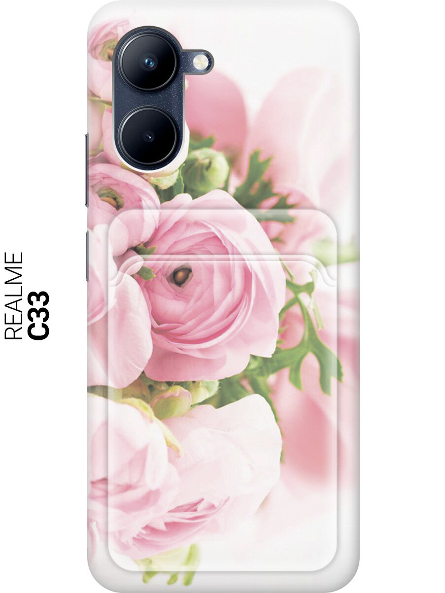 Чехол с карманом для карт на realme C33, Рилми С33 с принтом "Розовые розы"