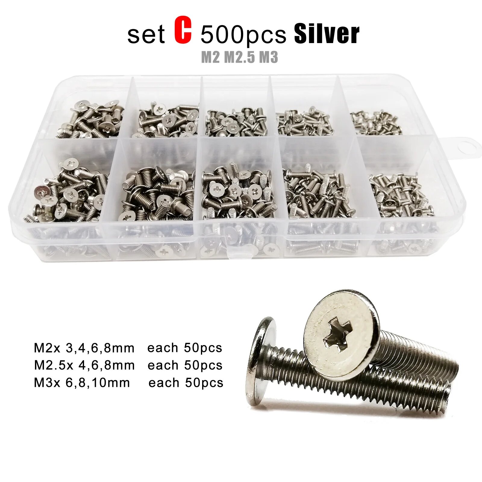 Набор винтов HZYUEGOU мини микро Phillips тонкий вафельный set C 500pcs silver