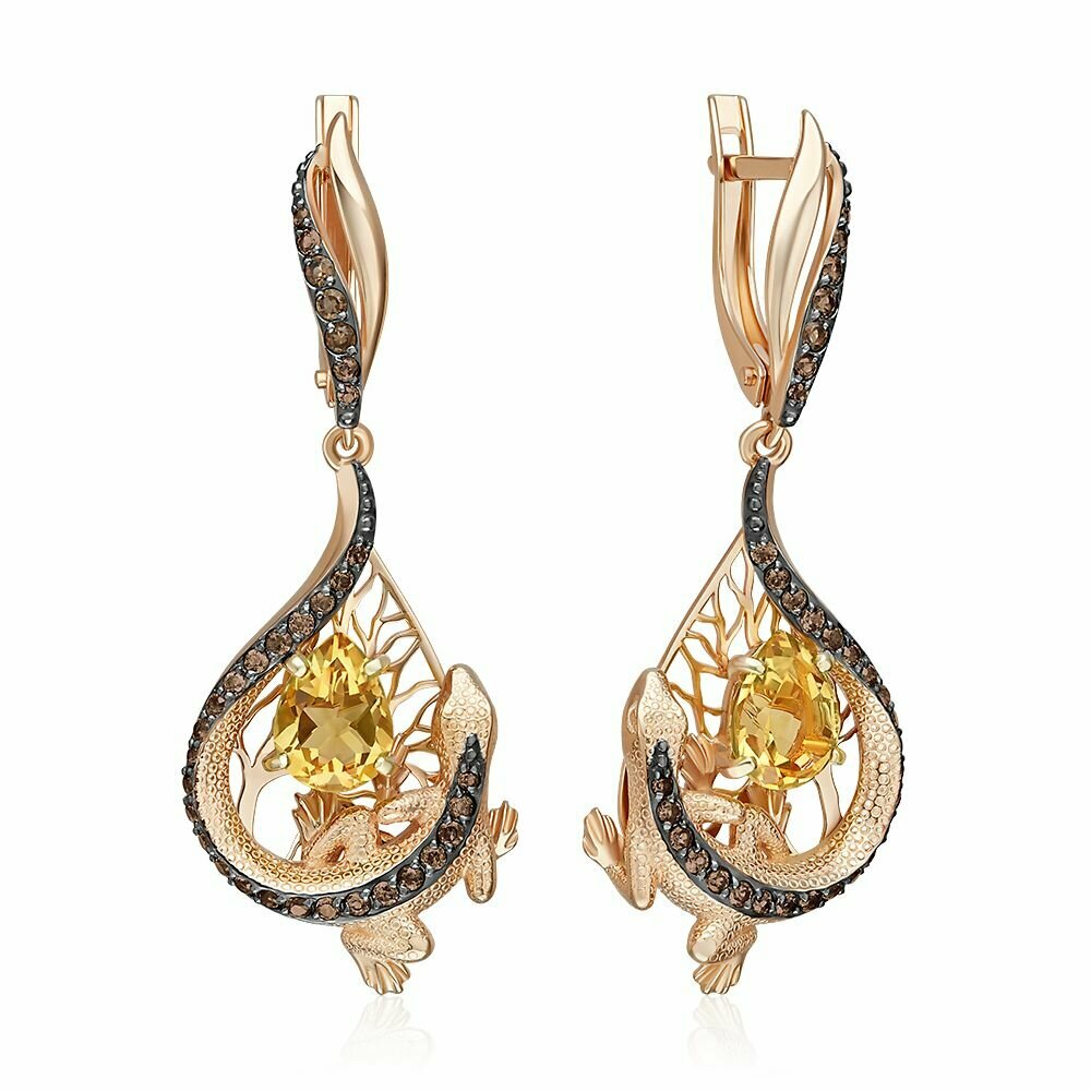 Серьги, красное золото, 585 проба, раухтопаз, цитрин