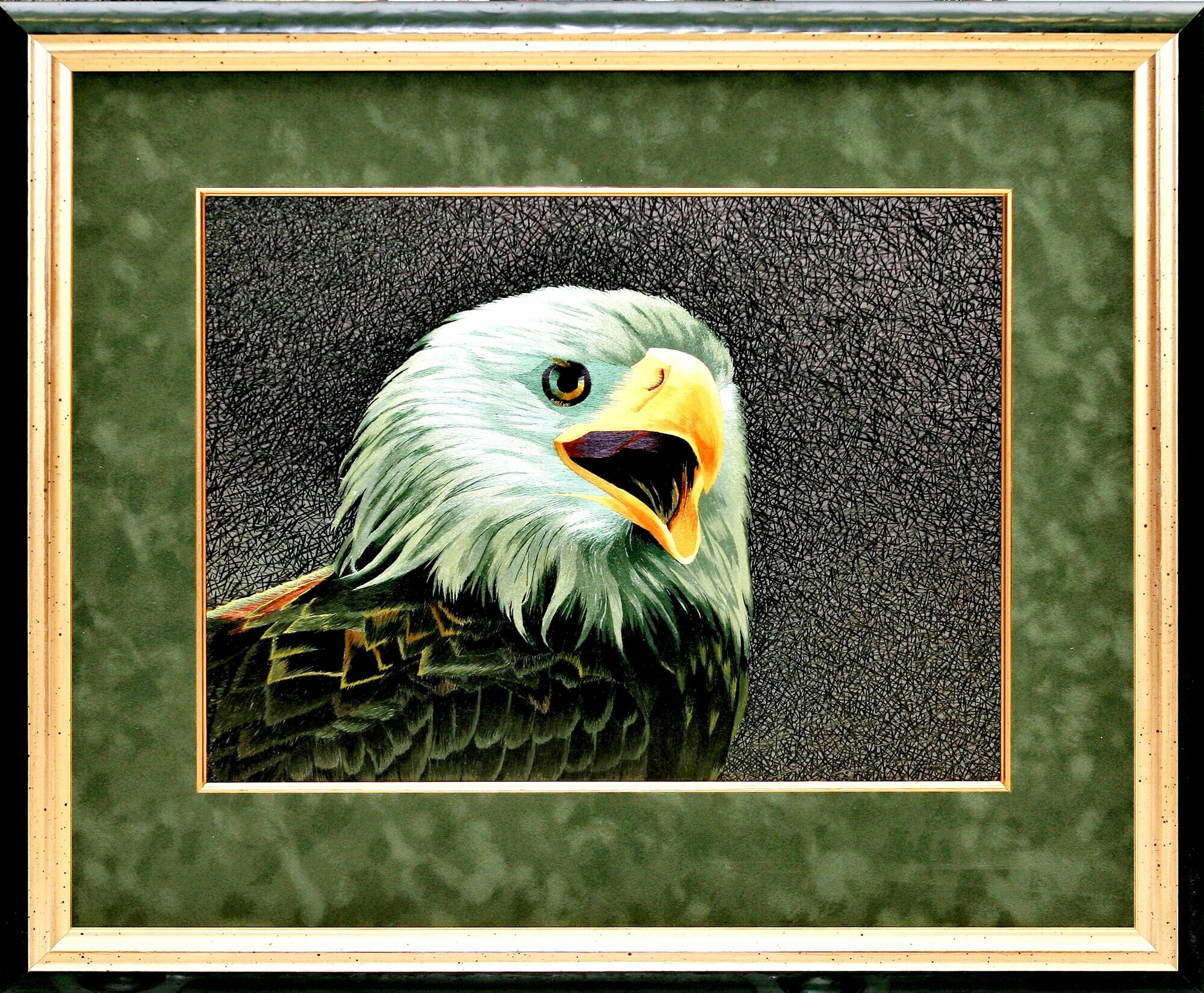 Декоративная настенная картина Живой Шелк Орел степной, вышивка шелком ручная с 3Dэффектом/см 58х48х3/багет+паспарту