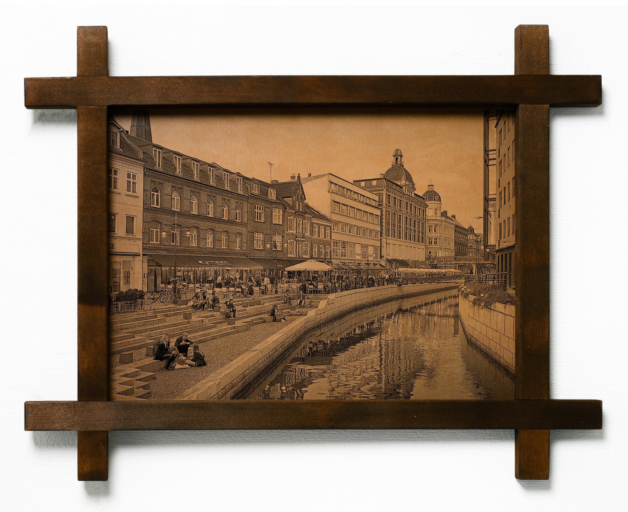 Картина интерьерная, натуральная кожа, "Старый город в Орхусе" (Дания), в деревянной раме, BoomGift
