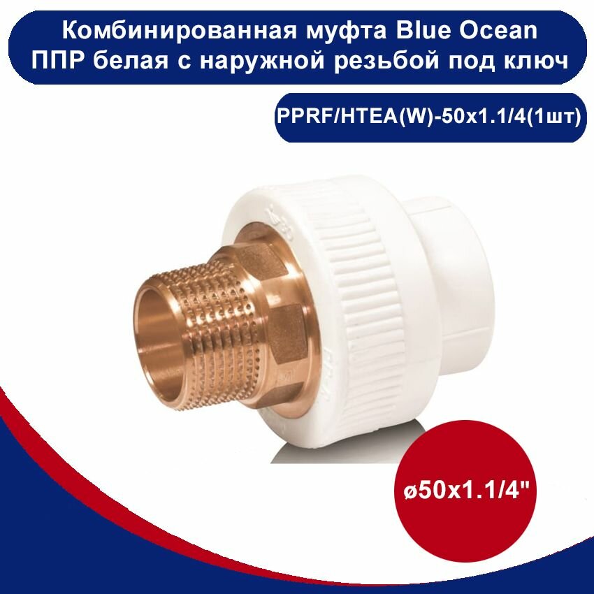 Комбинированная муфта Blue Ocean полипропиленовая белая с наружной резьбой под ключ - 50х1.1/4"(1шт)